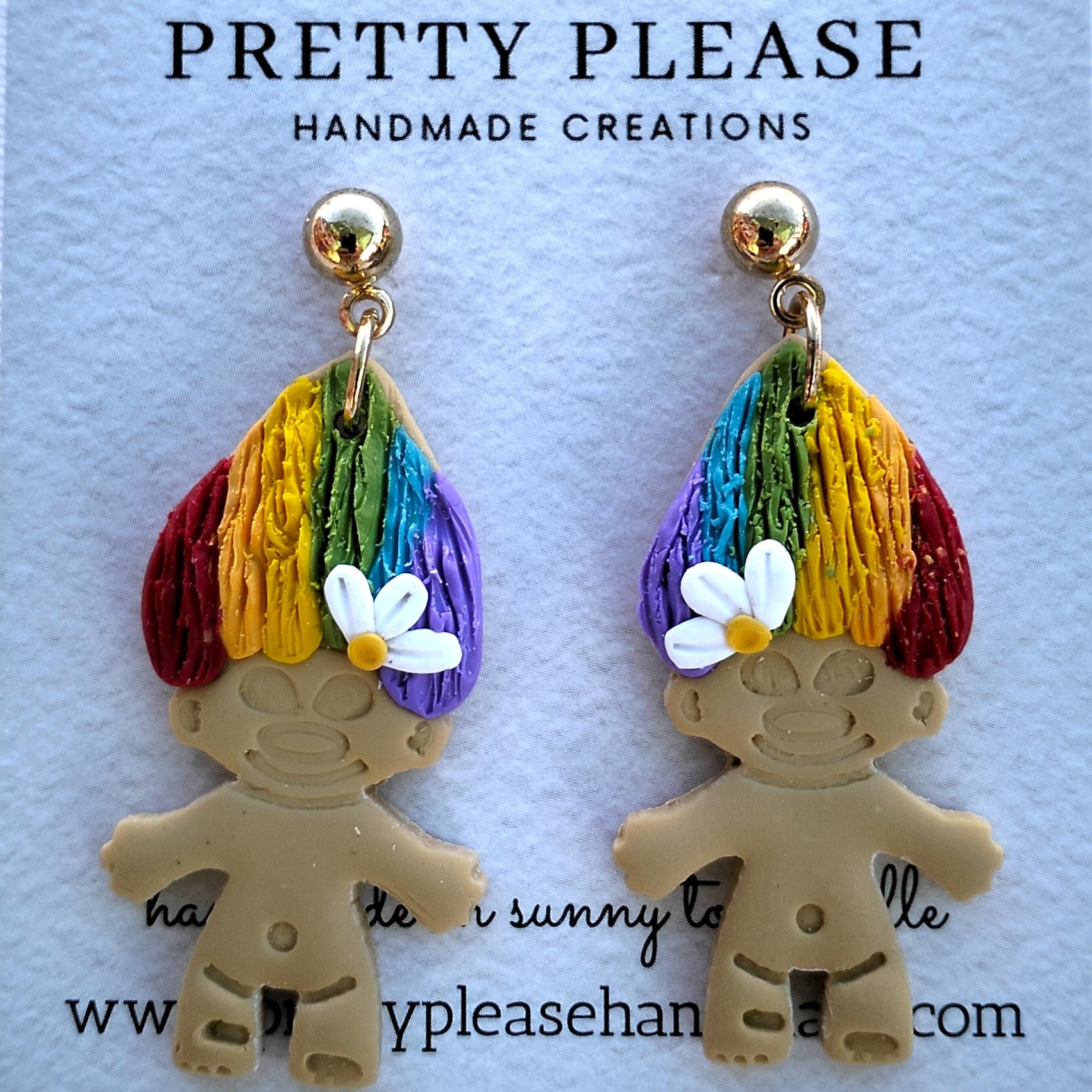 Polymer Clay Rainbow Troll Doll with Flower Earrings. Handmade in ...